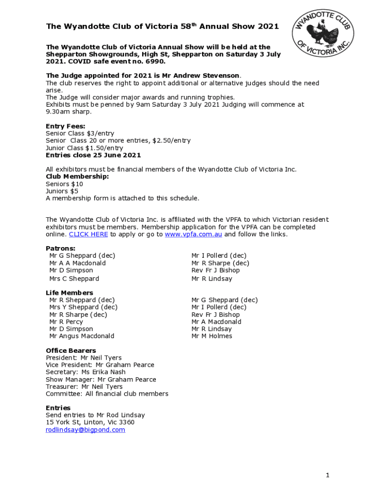 Fillable Online 2021 DRAFT Wyandotte Club of Victoria Annual Show Schedule.docx Fax Email Print ...