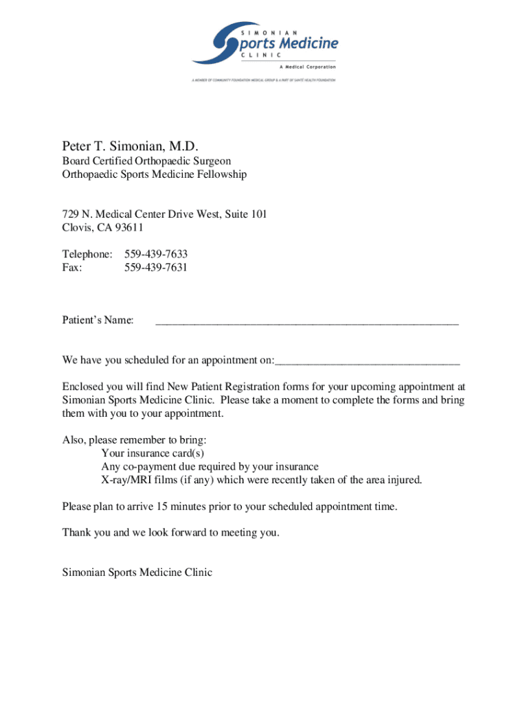 Fillable Online Dr. Peter Simonian, MD - Orthopaedic Surgeon - Clovis ...