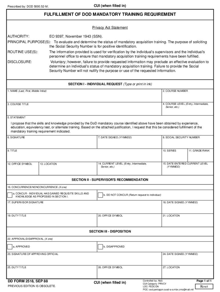 Fillable Online DD Form 2518, "FULFILLMENT OF DOD MANDATORY TRAINING ...