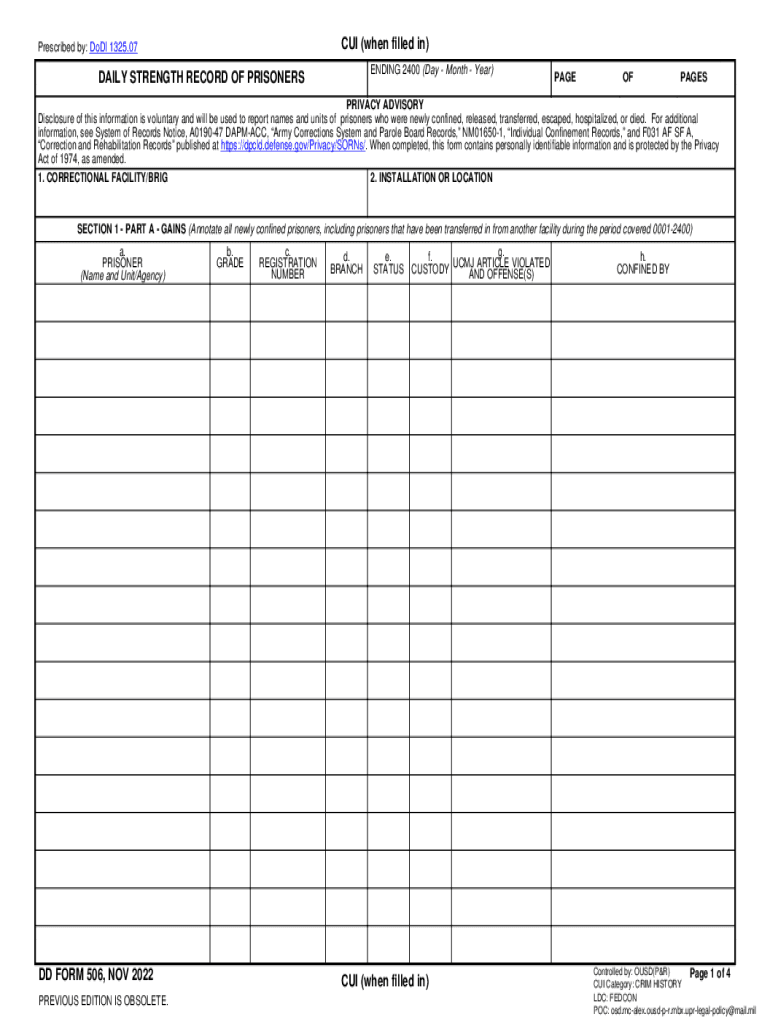 Fillable Online DD Form 506, "DAILY STRENGTH RECORD OF PRISONERS" Fax ...