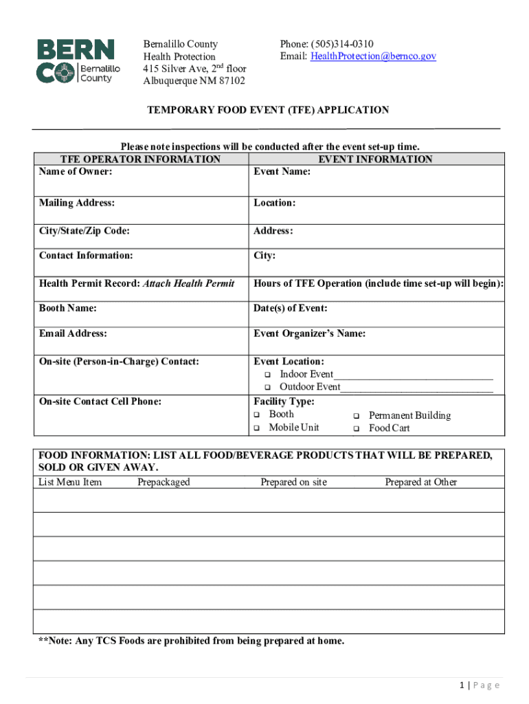 Fillable Online temporary food event (tfe) application - Bernalillo ...