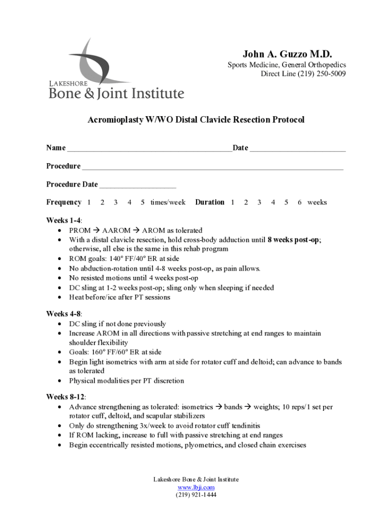Fillable Online Acromioplasty W-WO Distal Clavicle Resection Protocol ...