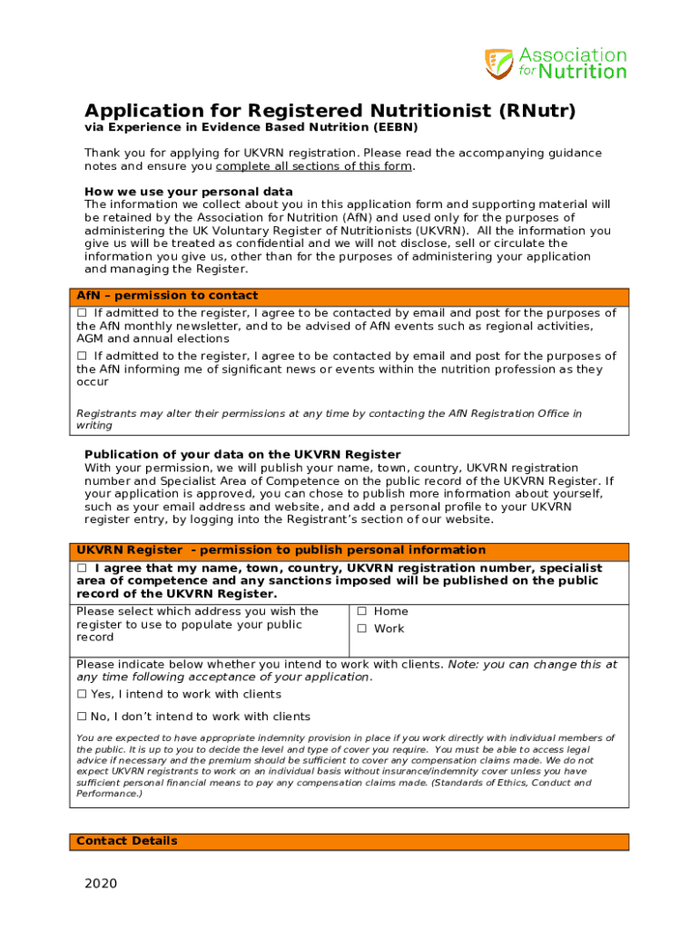 Application for Registered Nutritionist (RNutr) Doc Template | pdfFiller