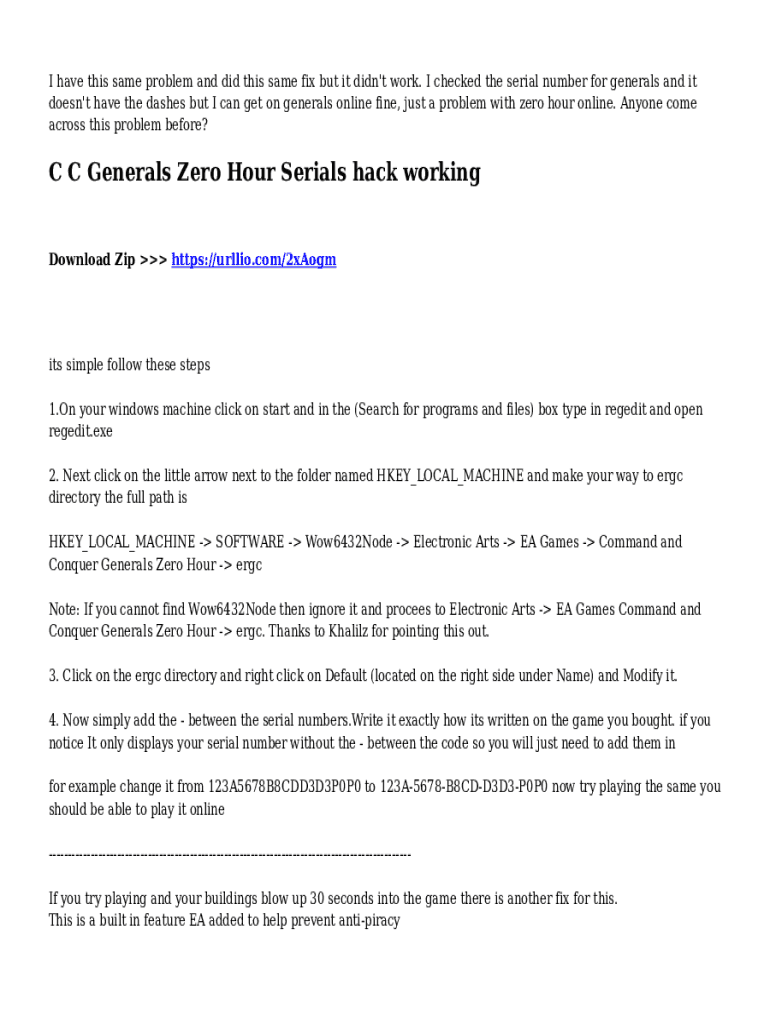 Fillable Online Zero Hour isn't working in Windows 10 : r/generals Fax ...