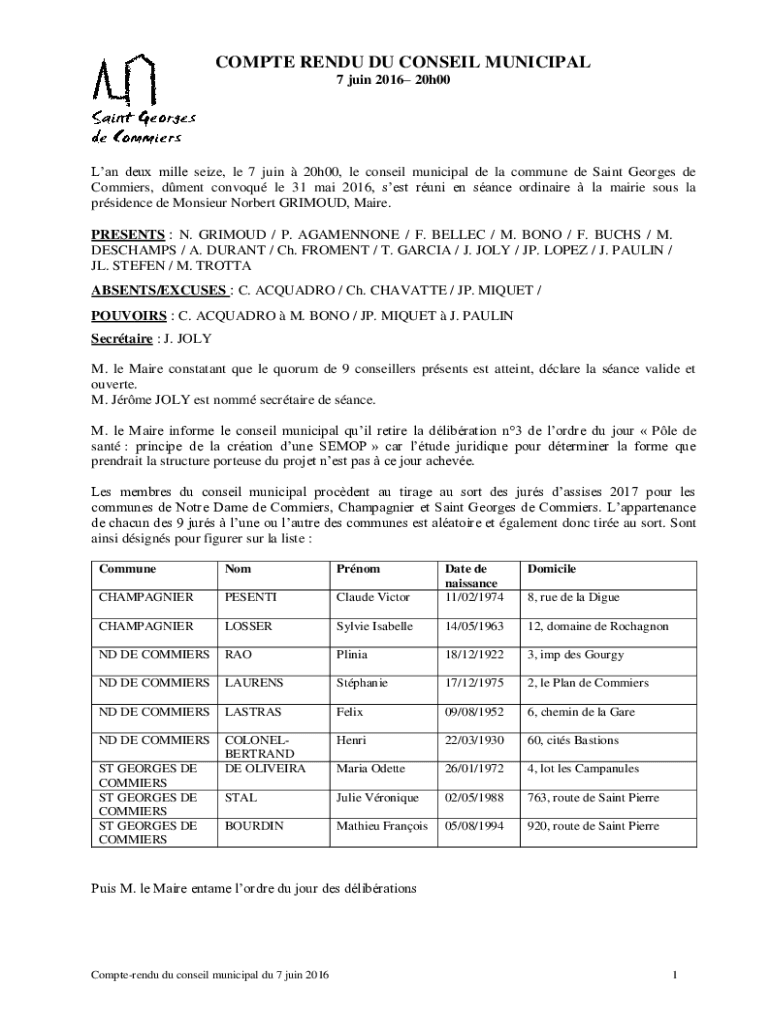 Remplissable En Ligne Lan deux mille seize, le 7 juin 20h00, le conseil municipal de la commune ...