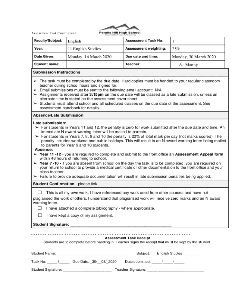 Fillable Online phs english department assessment task notification Fax Email Print - pdfFiller