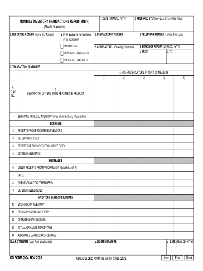Fillable Online DD Form 2924, "Monthly Inventory Transactions Report ...