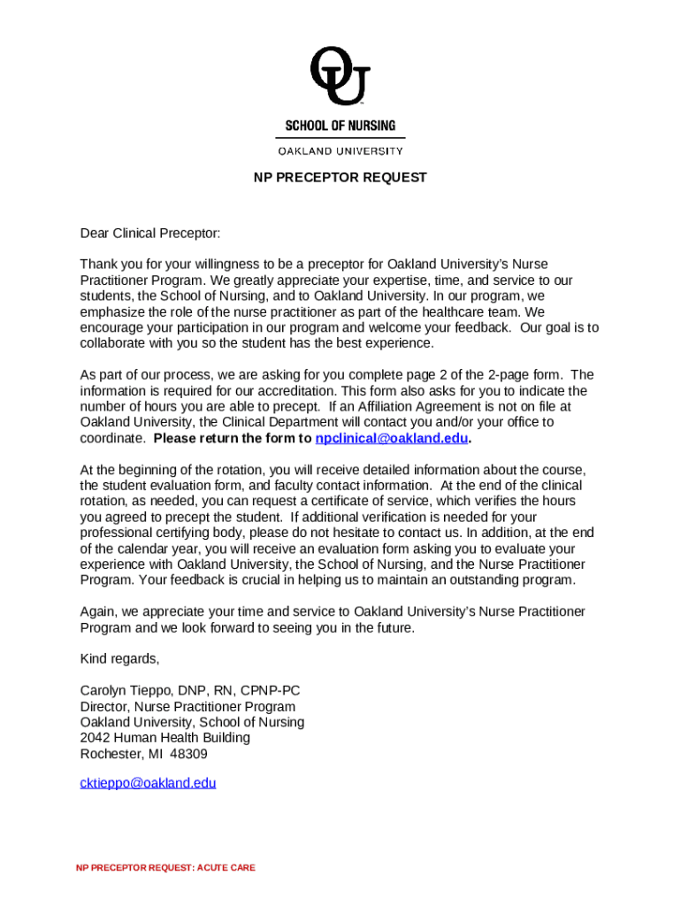 np preceptor request Doc Template | pdfFiller