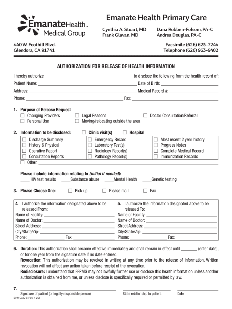 Fillable Online Emanate Health Medical Group - Family Practice Photos Fax Email Print - pdfFiller