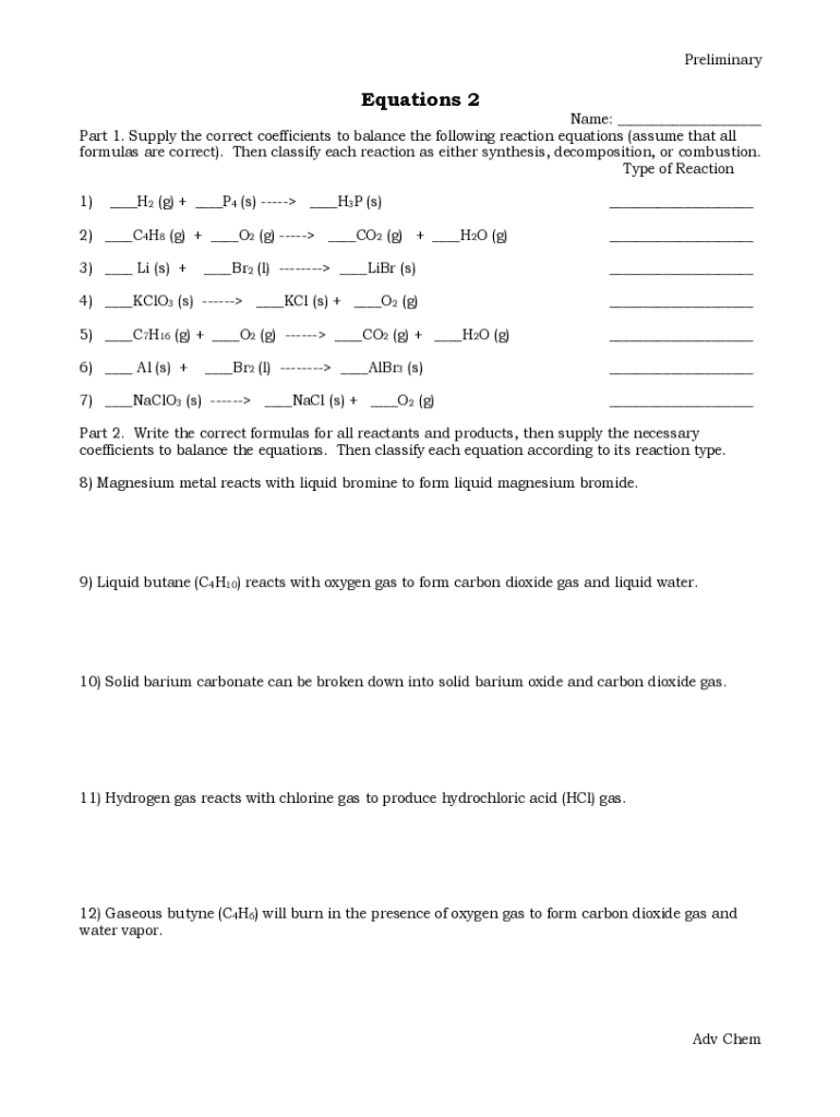 Fillable Online 7.2: Writing and Balancing Chemical Equations Fax Email ...