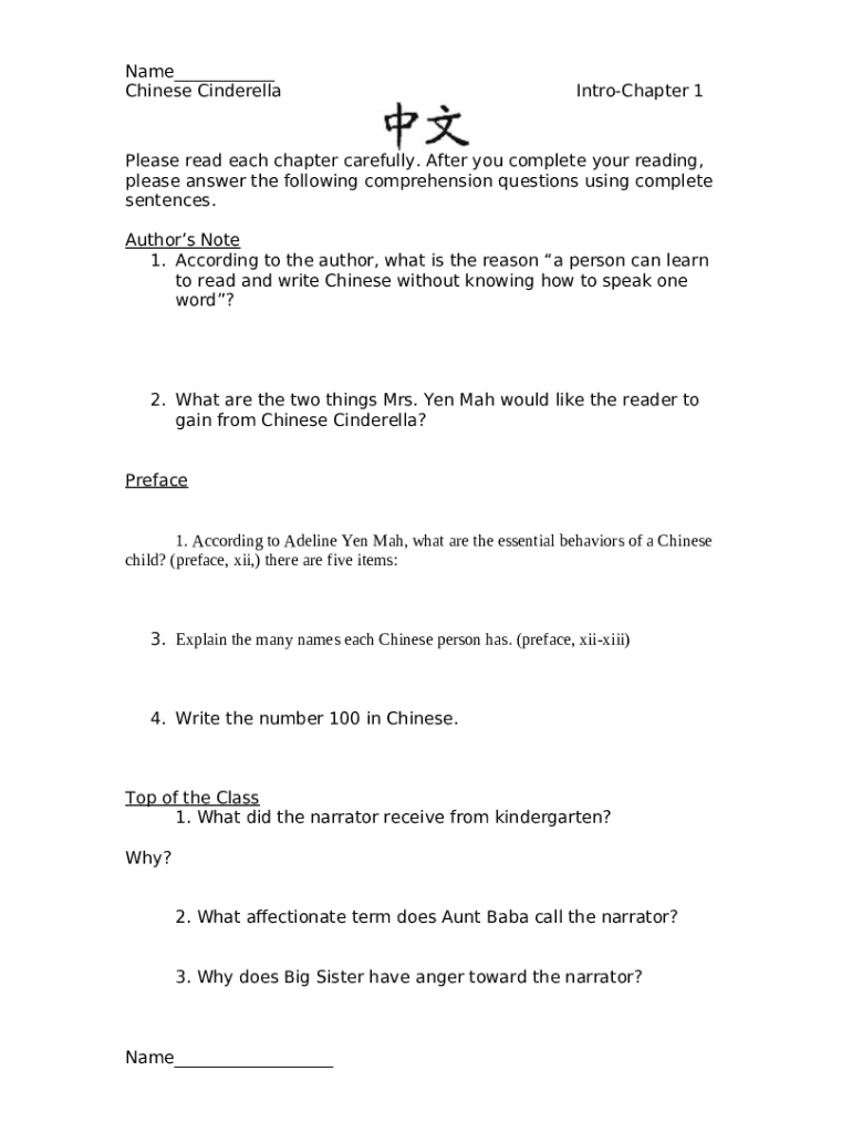 Chinese Cinderella Chapter 1: Top of the Class Summary ... Doc Template ...