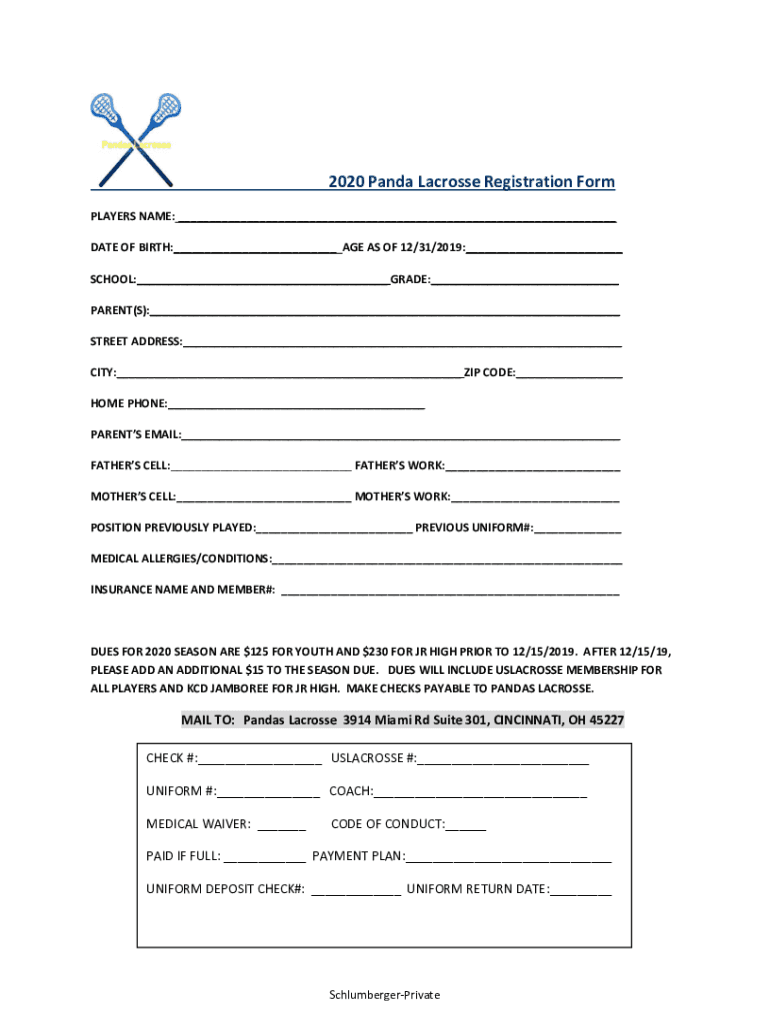 Fillable Online 2020 Panda Lacrosse Registration Form - Saint Agnes ...