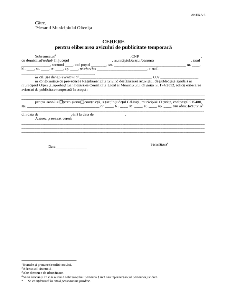 Fillable Online Cerere tip pentru emitere aviz de publicitate temporar Fax Email Print - pdfFiller