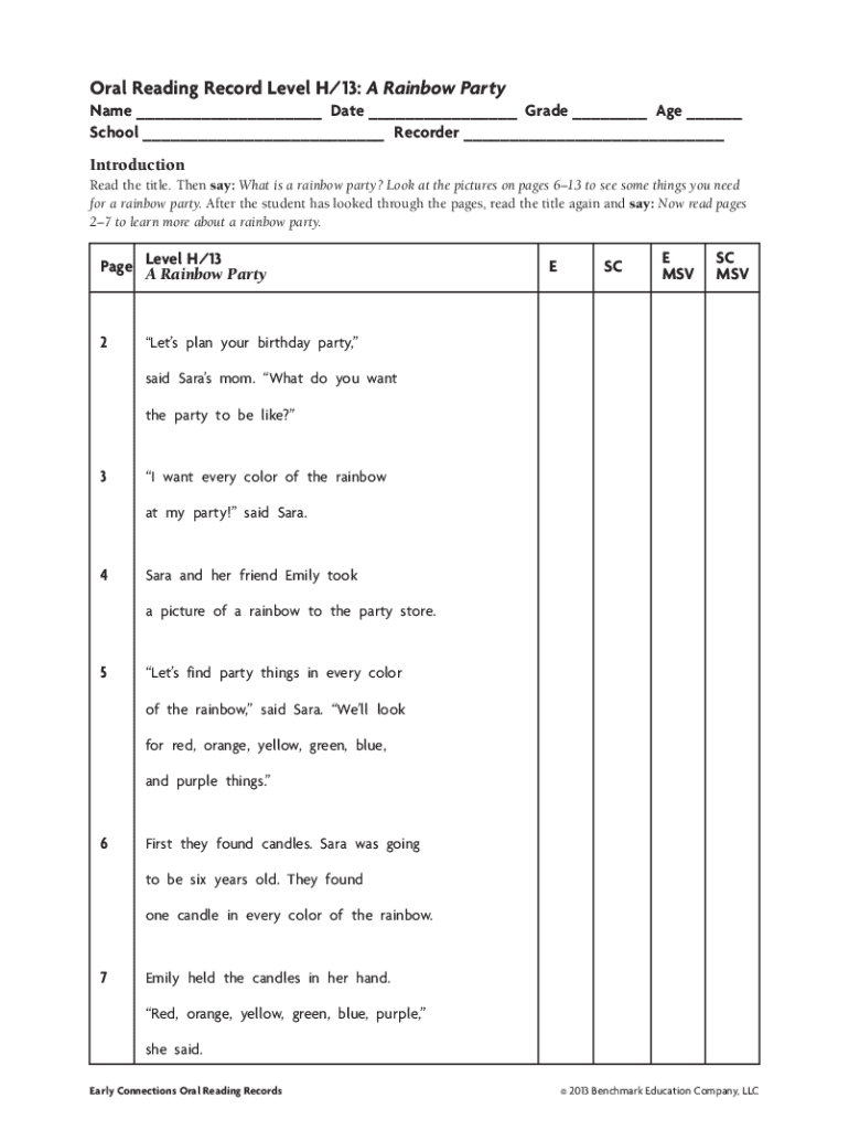 Fillable Online Oral Reading Record Level H/13: A Rainbow Party Fax ...