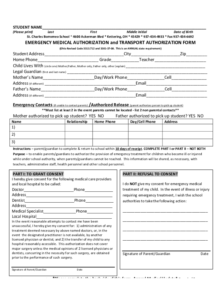 Fillable Online Emergency Medical and Transport Authorization 2019.doc Fax Email Print - pdfFiller