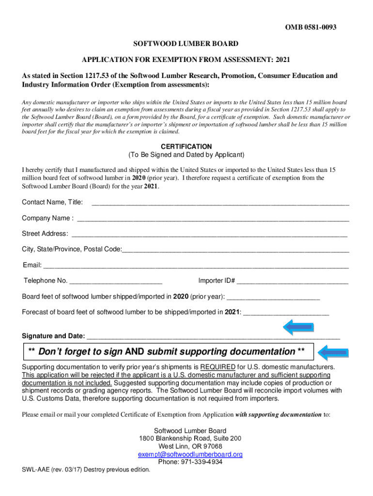 Fillable Online Softwood Lumber Board - Application for Exemption From Assessment Fax Email ...