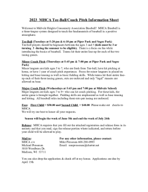 Fillable Online 2016 MHCA Tee-Ball/Coach Pitch Information Sheet Fax ...
