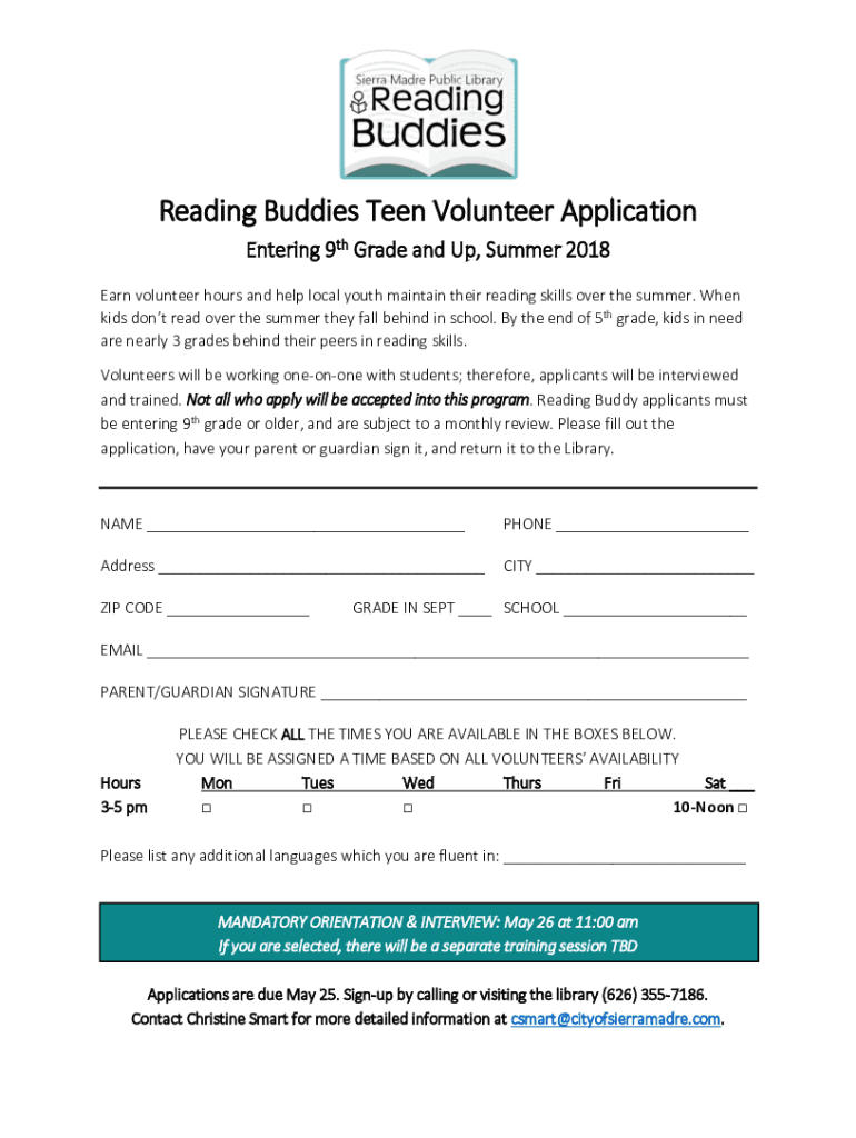 Fillable Online Reading Buddies Teen Volunteer Application Fax Email ...