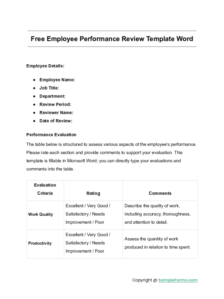 Fillable Online Free Employee Performance Review Template Word Fax ...
