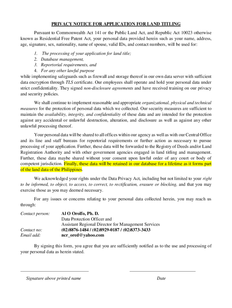 Fillable Online privacy notice for application for land titling Fax ...