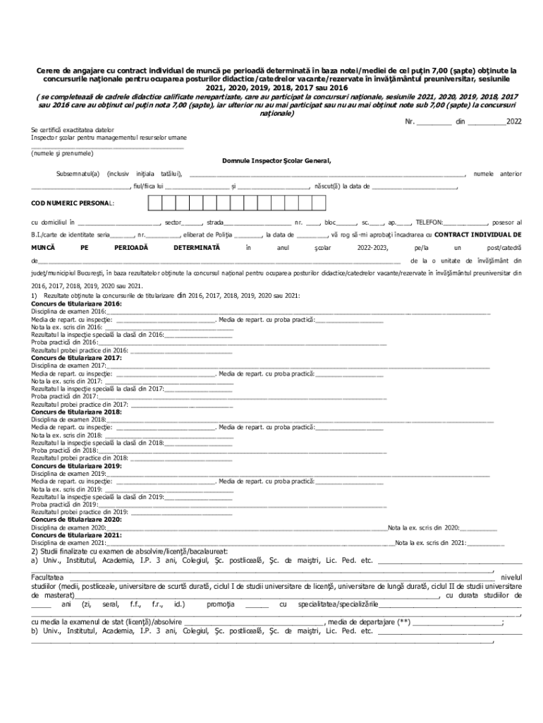 Fillable Online Cerere de angajare cu contract individual de munc pe ...