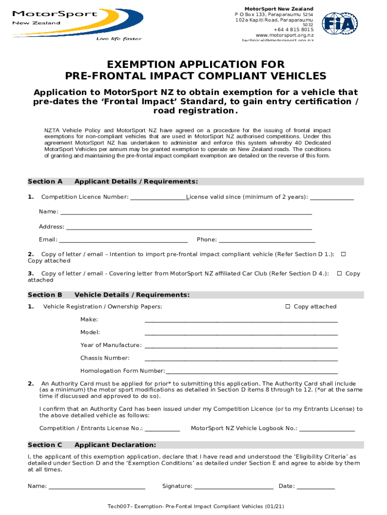 Prefrontal Impact Vehicle Exemption Application Doc Template | pdfFiller