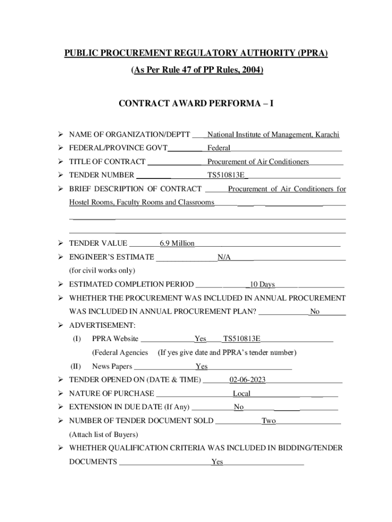Fillable Online contract award performa Fax Email Print - pdfFiller
