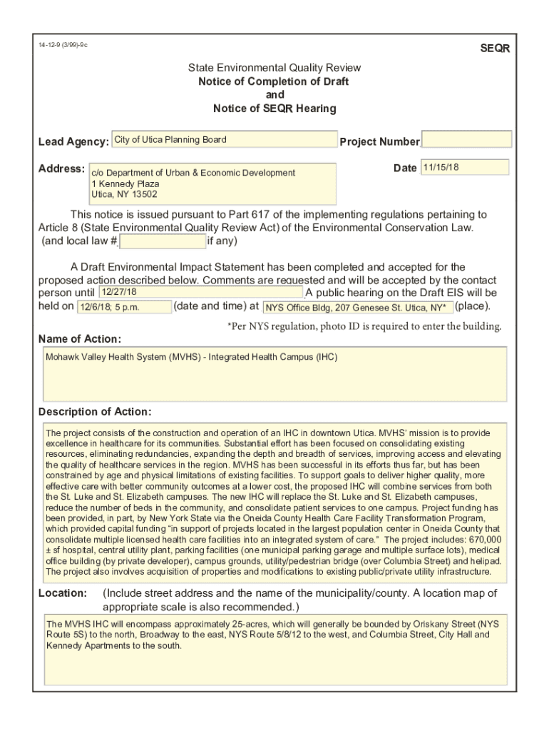 Fillable Online SEQR State Environmental Quality Review Notice of ...