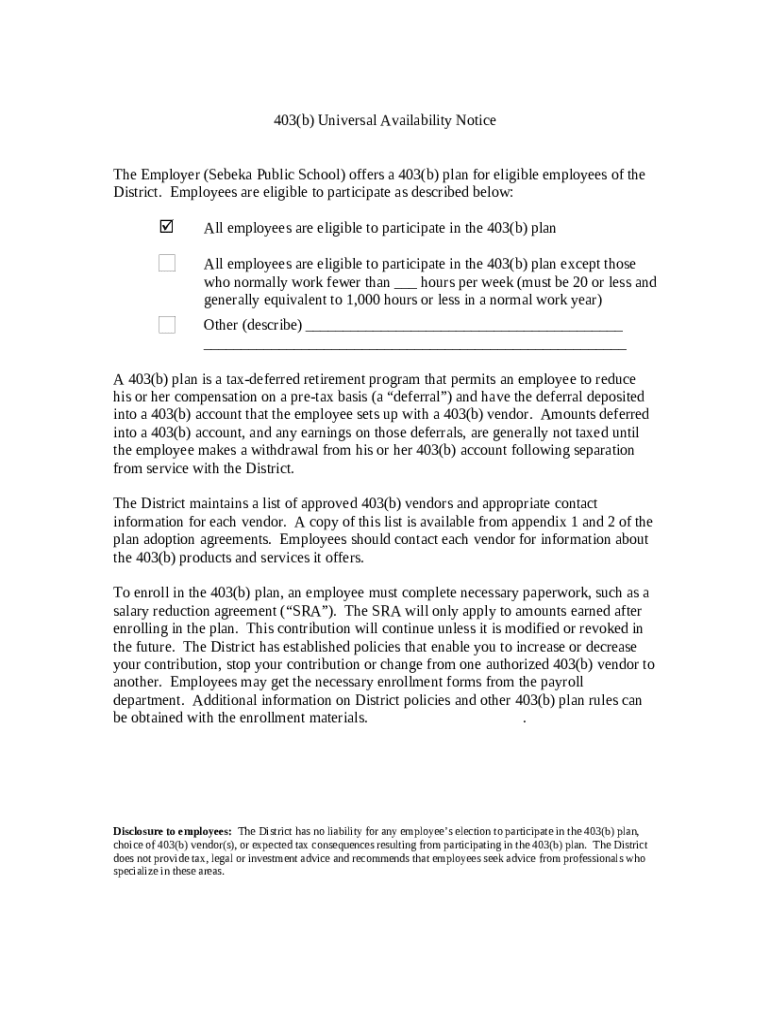 Fillable Online 403(b) Universal Availability Notice Form Fax Email ...