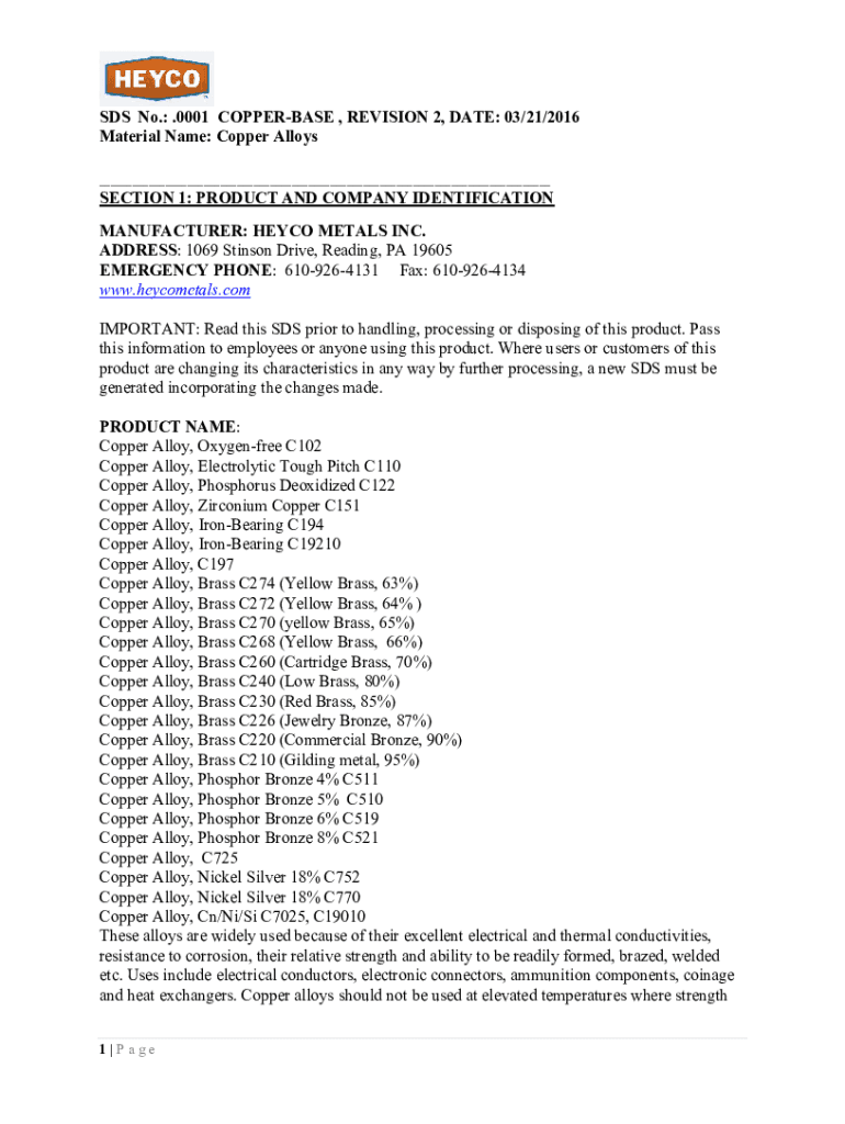 Fillable Online SDS No.: .0001 COPPER-BASE , REVISION 2, DATE Fax Email ...