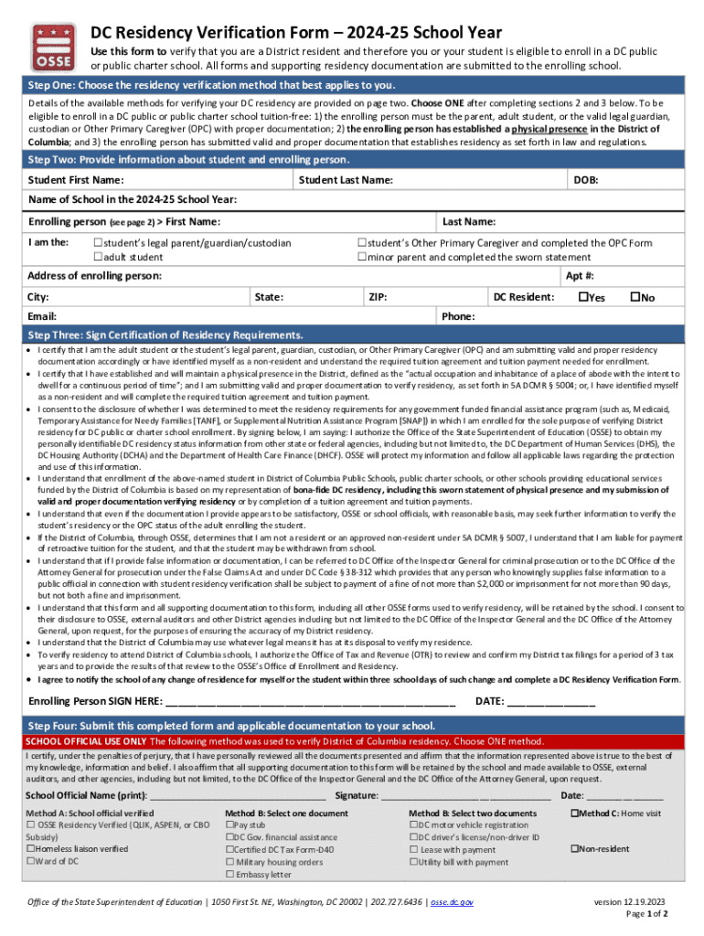 Fillable Online osse dc DC Residency Verification Form 2024-25 School Year Fax Email Print ...