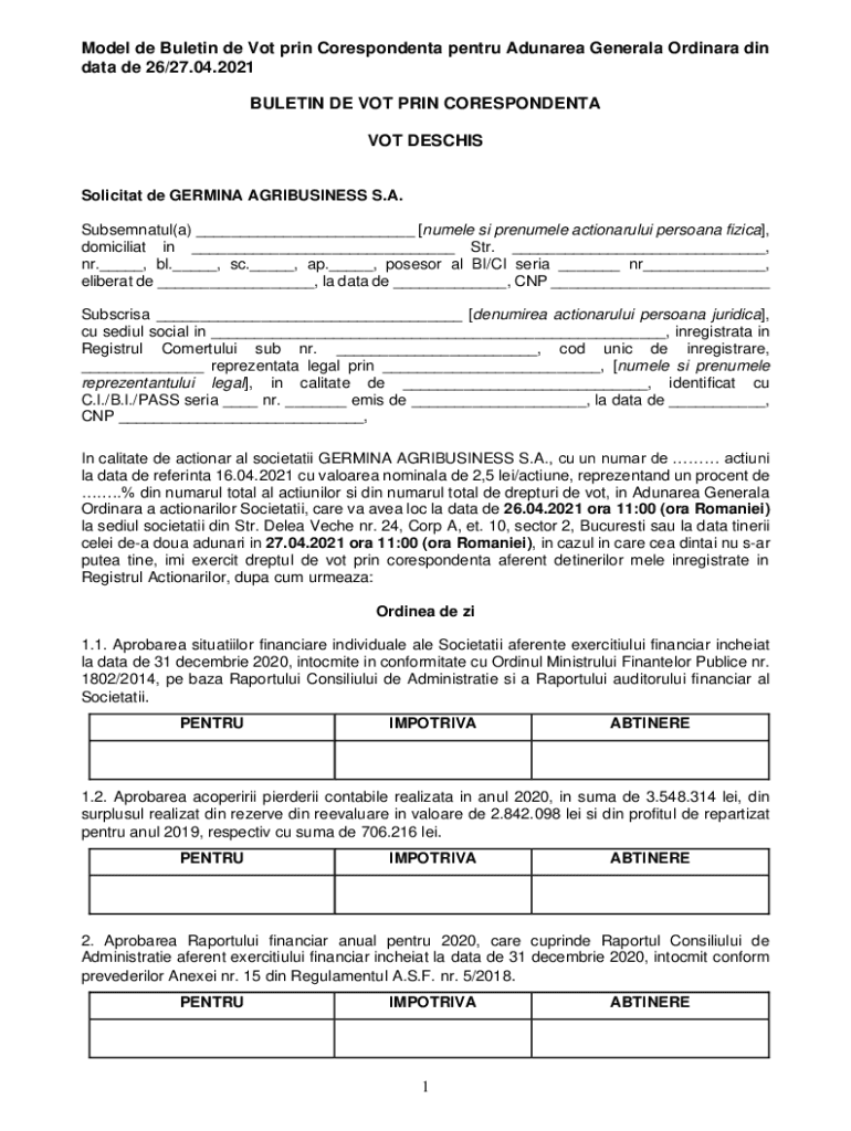 Fillable Online Model de Buletin de Vot prin Corespondenta pentru ...