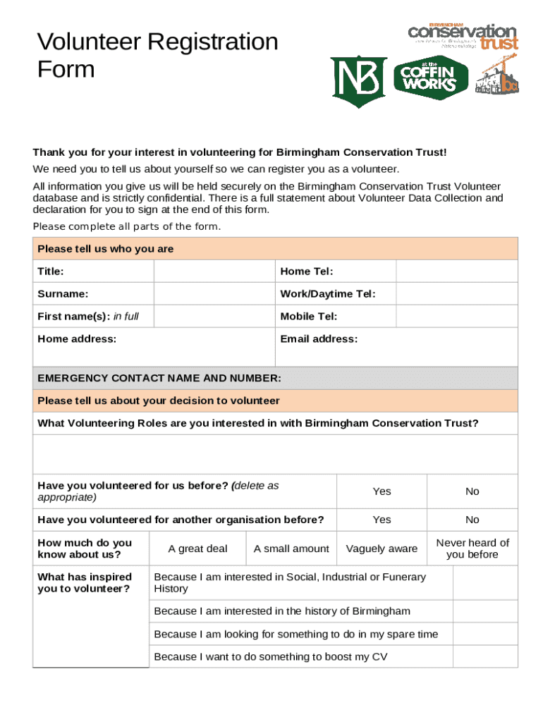 Birmingham Conservation Trust Volunteer Registration Doc Template | pdfFiller