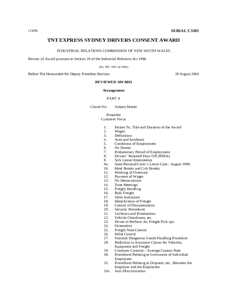 tnt express sydney drivers consent award Doc Template | pdfFiller
