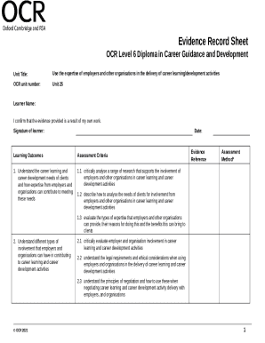 Level 6 Unit 25 Evidence Record Sheet. Career Guidance and Development ...