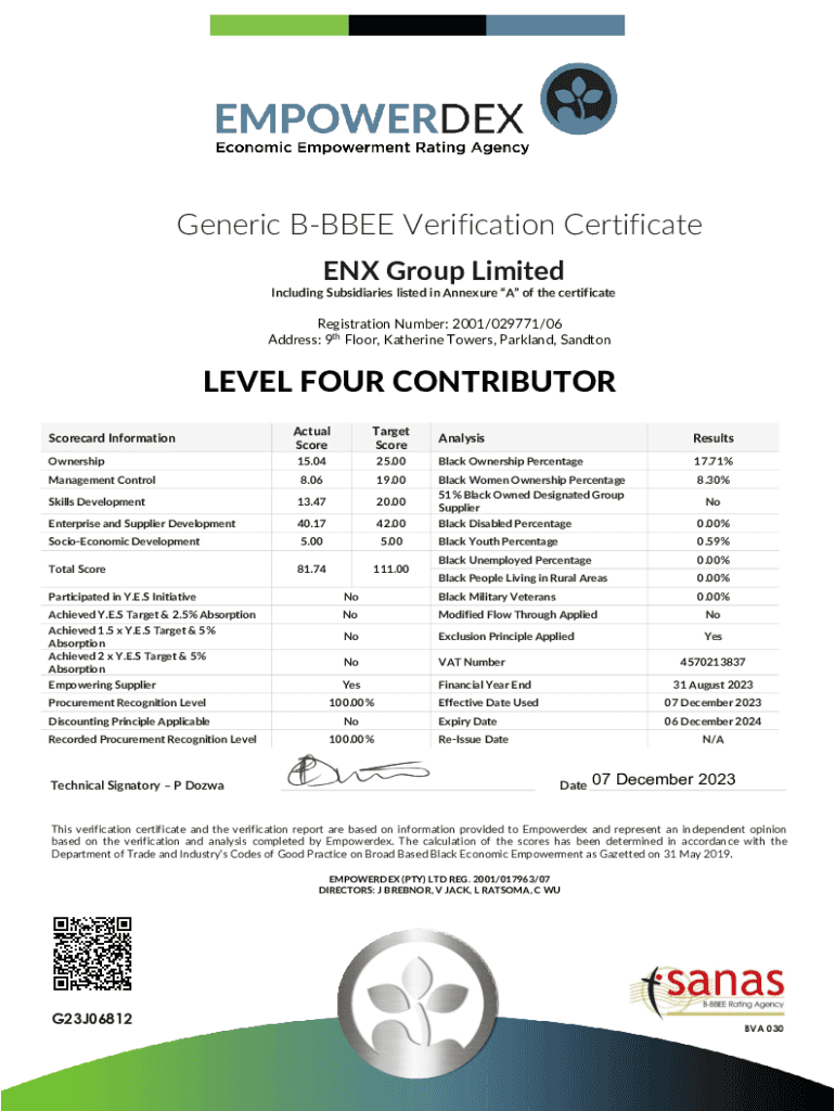 Fillable Online Version No : 3.3 B-BBEE Verification Certificate for ...