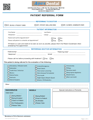 Fillable Online PATIENT REFERRAL FORM - Apex Dental Fax Email Print - pdfFiller