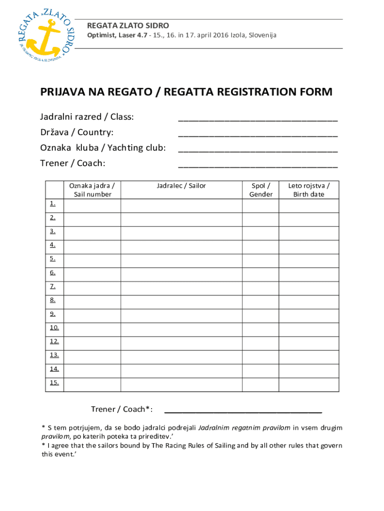 Fillable Online PRIJAVA NA REGATO / REGATTA REGISTRATION FORM Fax Email ...