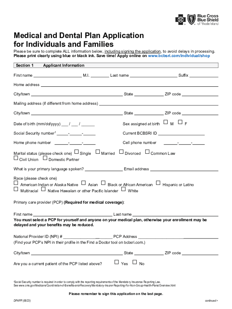 Fillable Online Medical and Dental Plan Application for Individuals and ...