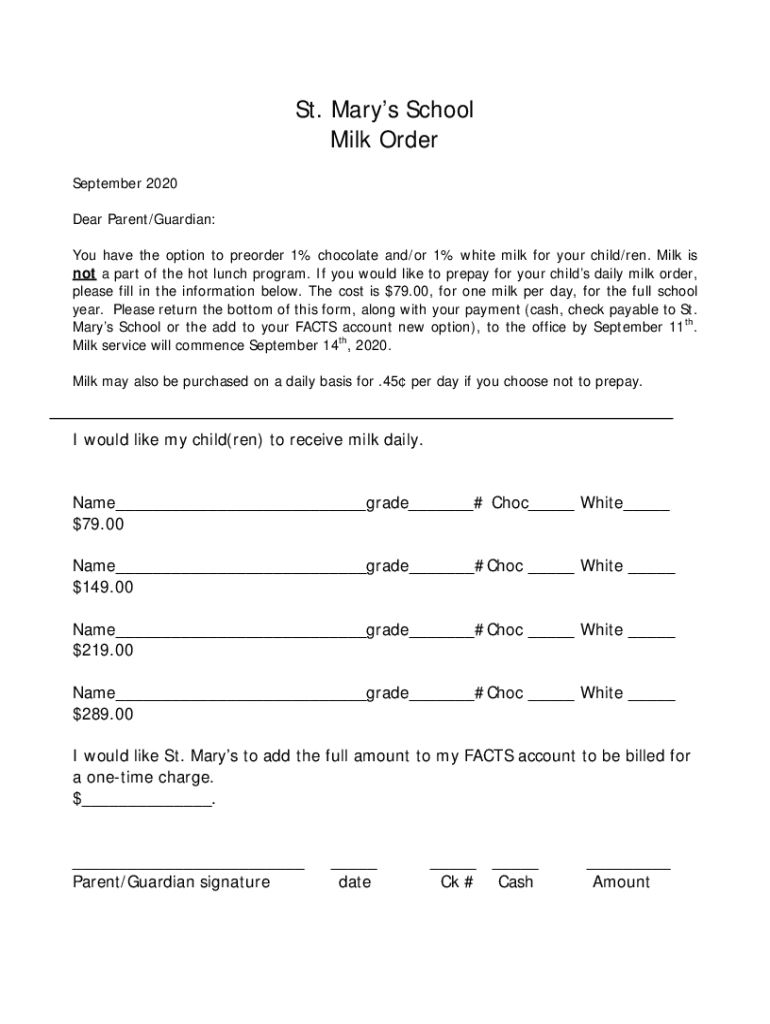 Fillable Online ST. MARY'S SCHOOL 2018-2019 MILK ORDER FORM ... Fax ...