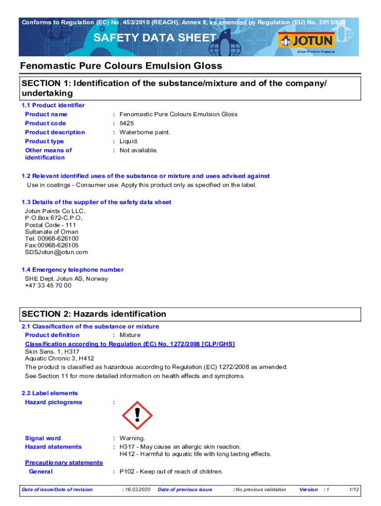 Fillable Online Fenomastic Pure Colours Emulsion Matt Technical Data ...