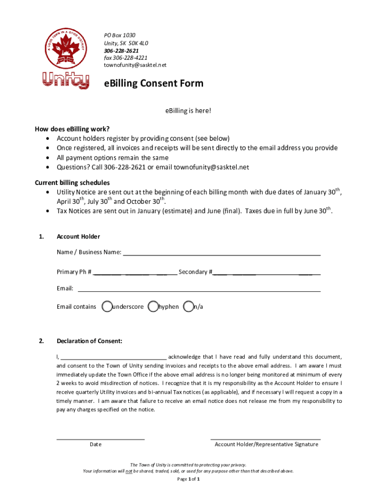 Fillable Online Town of Unity - eBilling Consent Form Fax Email Print ...