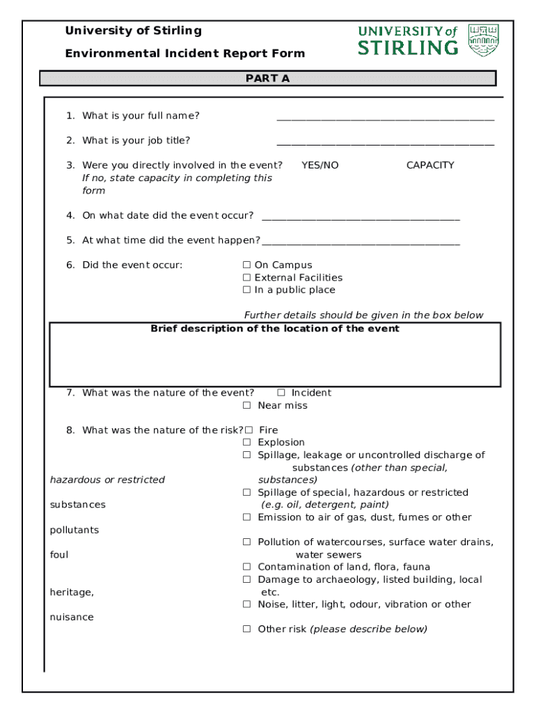 University of Stirling Environmental Incident Report Doc Template ...