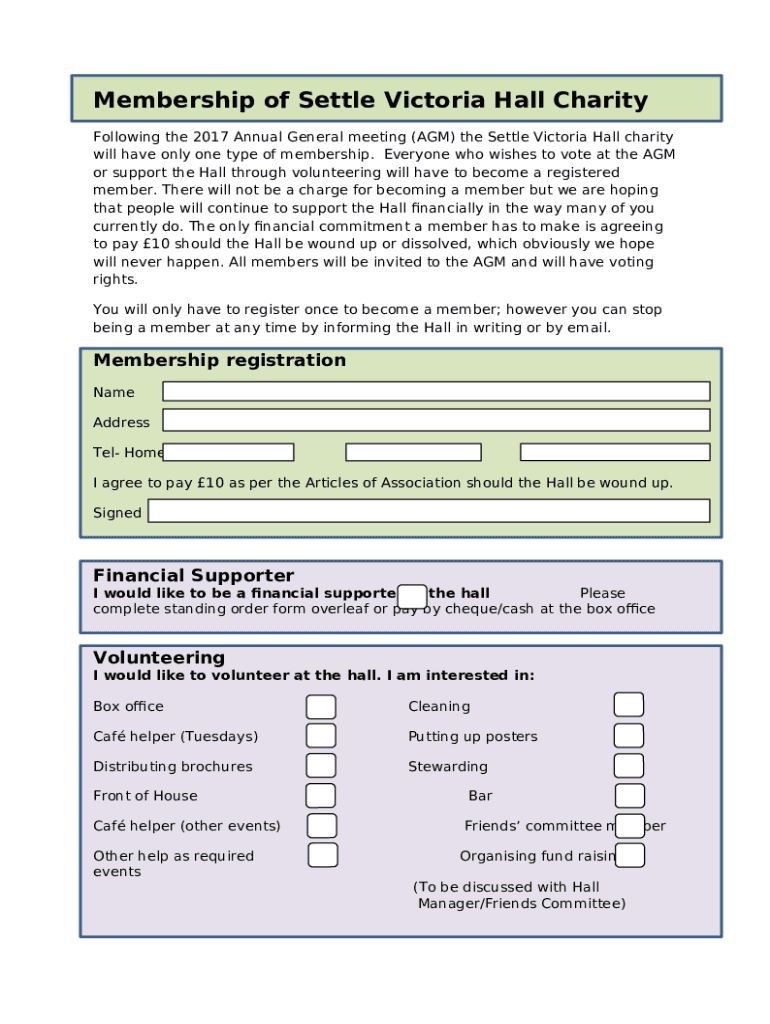 Membership of Settle Victoria Hall Charity Doc Template | pdfFiller