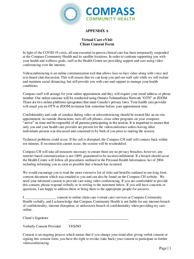 Fillable Online 1 APPENDIX A Virtual Care eVisit Client Consent Form ...