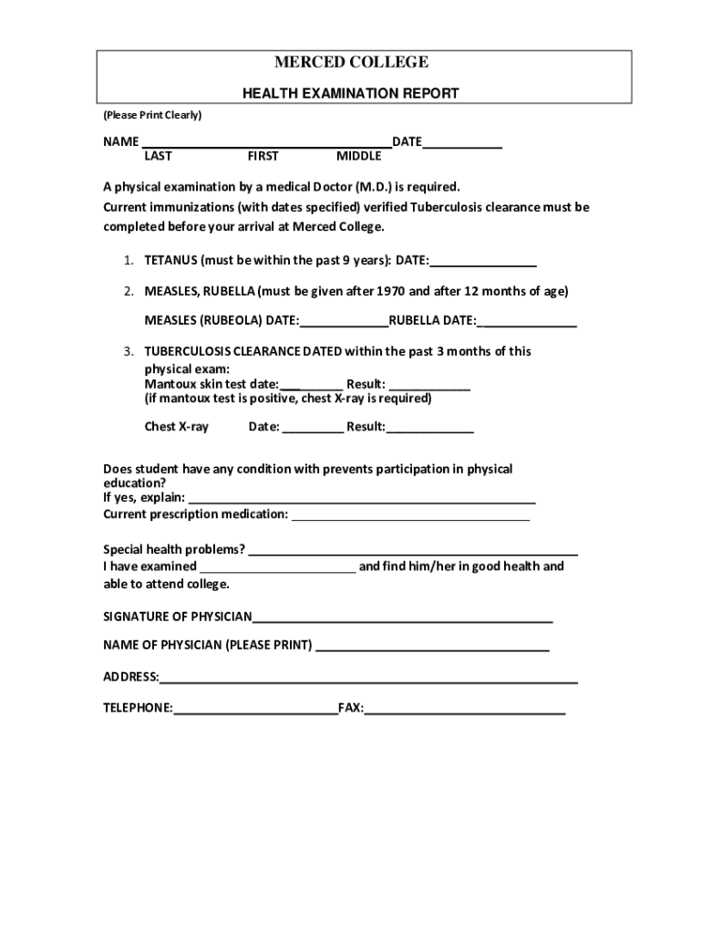 Fillable Online merced college health examination report Fax Email ...