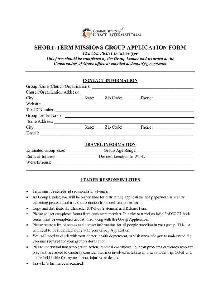 Fillable Online SHORT-TERM MISSIONS GROUP APPLICATION FORM Fax Email ...