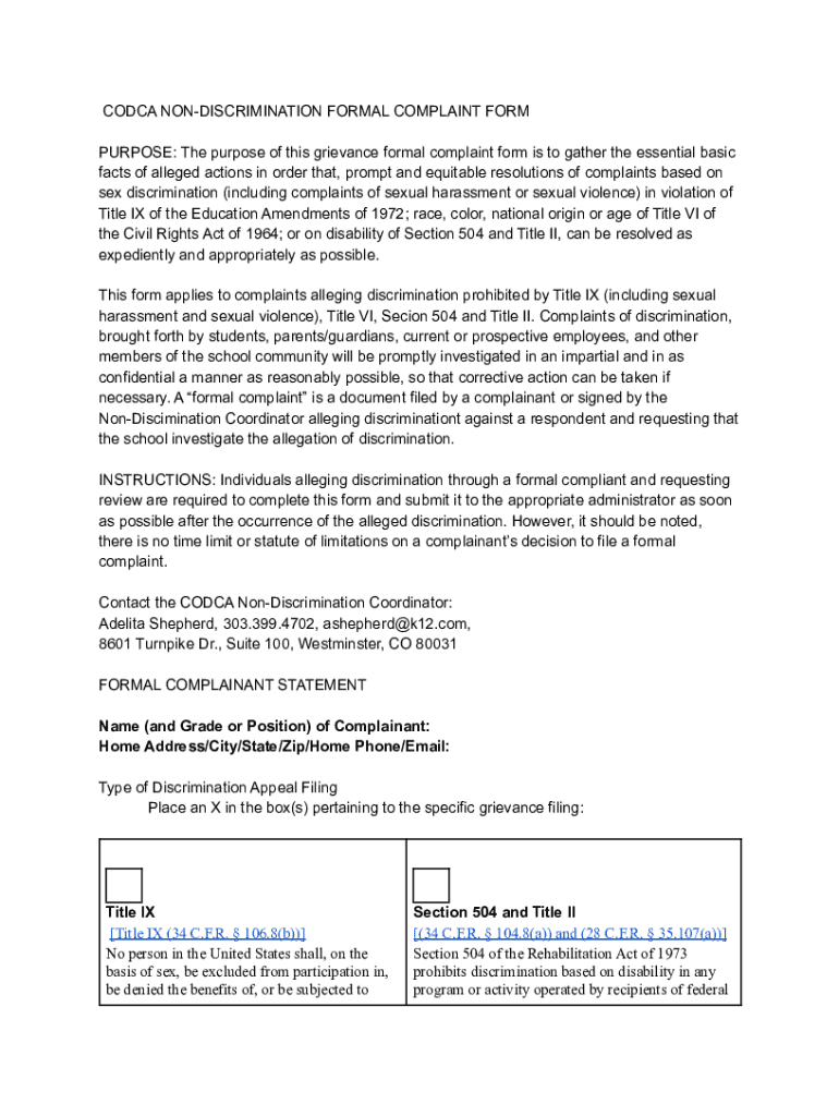 Fillable Online colorado k12 schools title ix complaint form Fax Email ...