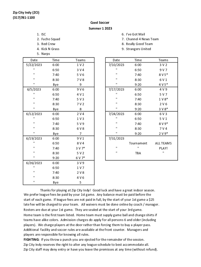 Fillable Online Zip City Indy (ZCI) (317)781-1100 Coed Soccer Summer 1 ...
