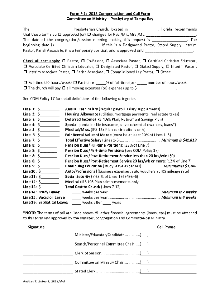 Fillable Online 2020 Compensation and Call Form Commission on Ministry ...